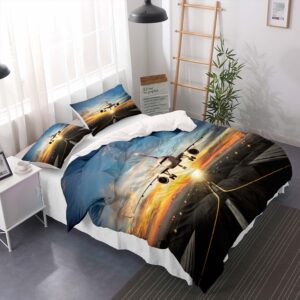 YAHFSHUILU Airplane Duvet Cover Sets 3D Print Comforter Cover Bright Orange Sunset Airplane Bedding Sets with Zipper Ties Vast Grey Runway Airplane Cover 2 Pillow Shams,Full Size