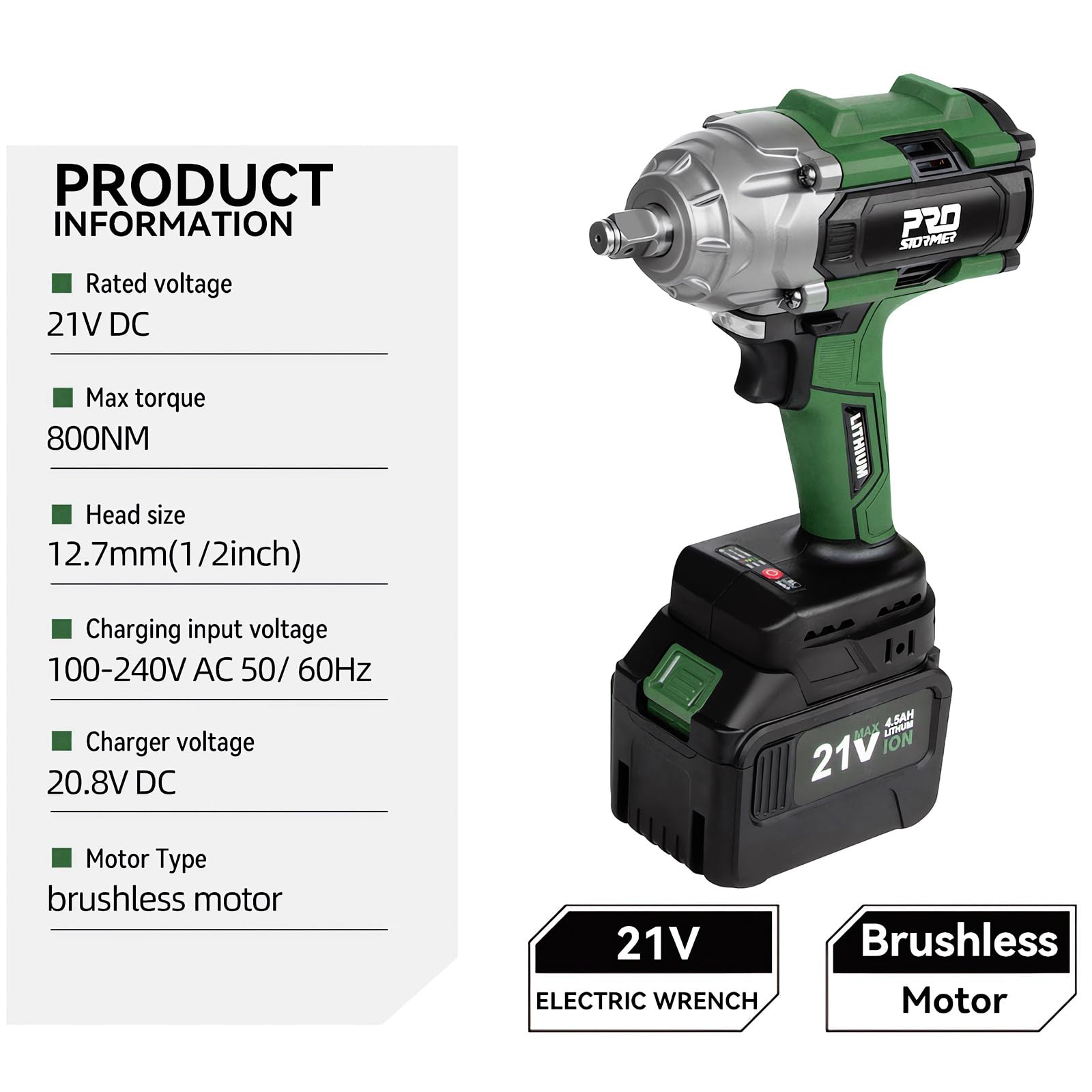 Prostormer Cordless Impact Wrench 580Ft-lbs(800N.m), 1/2" Brushless High Torque Impact Gun Kit with 4.5Ah Rechargable Battery, Charger & 8 Sockets for Home Car Tire Nuts