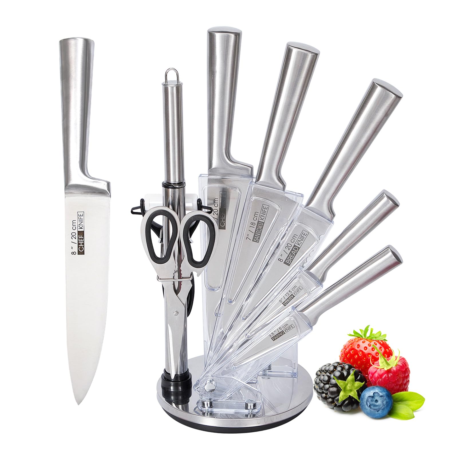 Knife Set, Professional Stainless Steel Chef Knife Set of 9 with Rotatable Acrylic Stand for Kitchen, Ergonomic Ultra Sharp Non-Stick Kitchen Knife set with Gift Box for Women Gifts