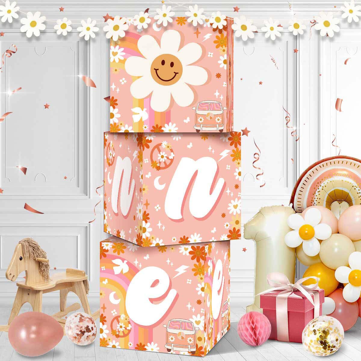 Tewess One Groovy Babe Birthday Party Decorations Balloon Boxes, 3Pcs Boho Groovy 1st Theme Birthday Balloon Boxes for Girl Hippie Daisy Flower Rainbow First Birthday Party Supplies