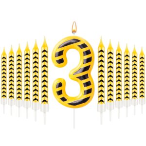 13 pcs construction themed birthday candles set 12 yellow and black number 3 candle cake topper for construction party decoration supplies (number 3)