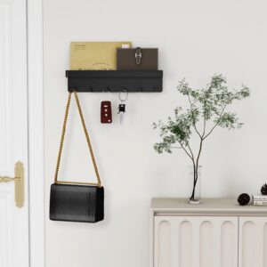 SZUGCOTD Key Holder for Wall Rustic Key and Mail Organizer 6 Key Hooks with Shelf Small Key Rack with Tray Adhesive Key Hanger Wall Mount for Entryway Hallway Living Room Decor, Metal, Matte Black