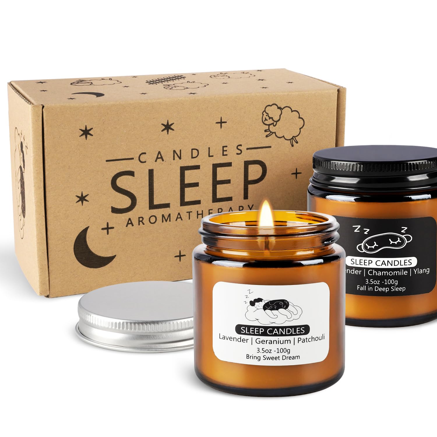 2 Pack Sleep Scented Candles, Sweet Dream with Lavender, Geranium and Patchouli, and Deep Sleep with Lavender, Chamomile and ylang-ylang Scented Candle, Long Burn Time, Perfect Home Gifts