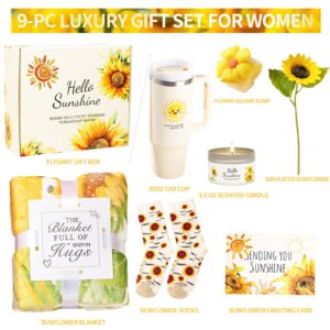 Sending Sunshine Gift, Get Well Soon Gifts Basket for Women,8Pcs Sunflower Gifts Box, Unique Holiday Gifts Basket with Inspirational Blanket Candle for Women, Her, Mom, Wife, Sister,Teacher