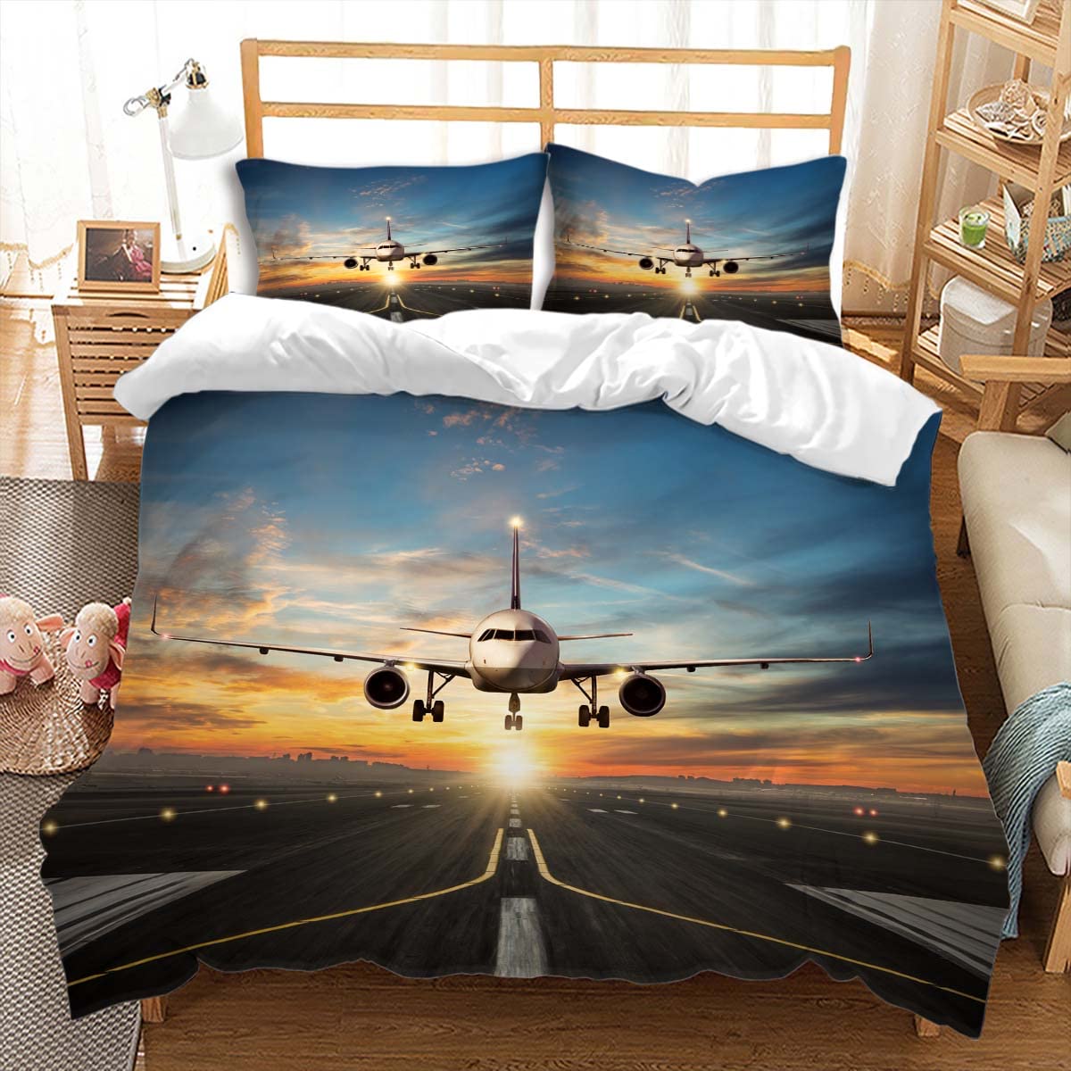 YAHFSHUILU Airplane Duvet Cover Sets 3D Print Comforter Cover Bright Orange Sunset Airplane Bedding Sets with Zipper Ties Vast Grey Runway Airplane Cover 2 Pillow Shams,Full Size