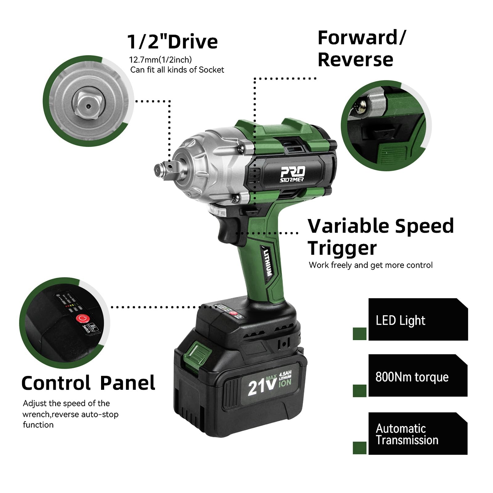 Prostormer Cordless Impact Wrench 580Ft-lbs(800N.m), 1/2" Brushless High Torque Impact Gun Kit with 4.5Ah Rechargable Battery, Charger & 8 Sockets for Home Car Tire Nuts