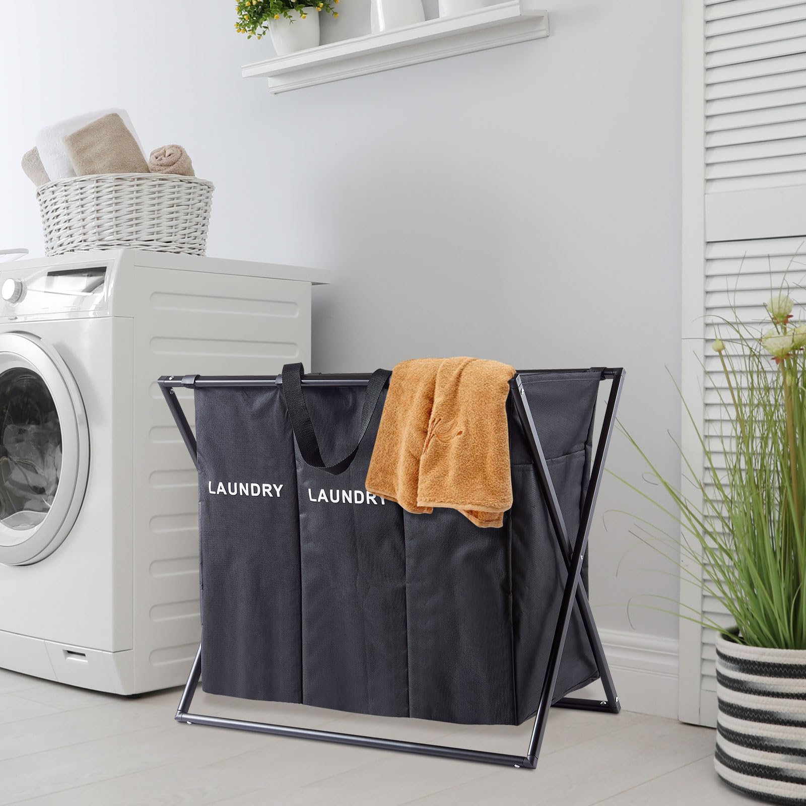 Laundry Basket Hapmer 3 Section Foldable Dirty Clothes Hamper, 24 x 12 x 20.5 inches Laundry Sorter for Bathroom Laundry Room Organization