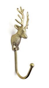 5moonsun5 vintage deer head coat hook, heavy duty antique brass, wall mounted animal collection deer single coat hook clothes rack wall hanger, polish finish