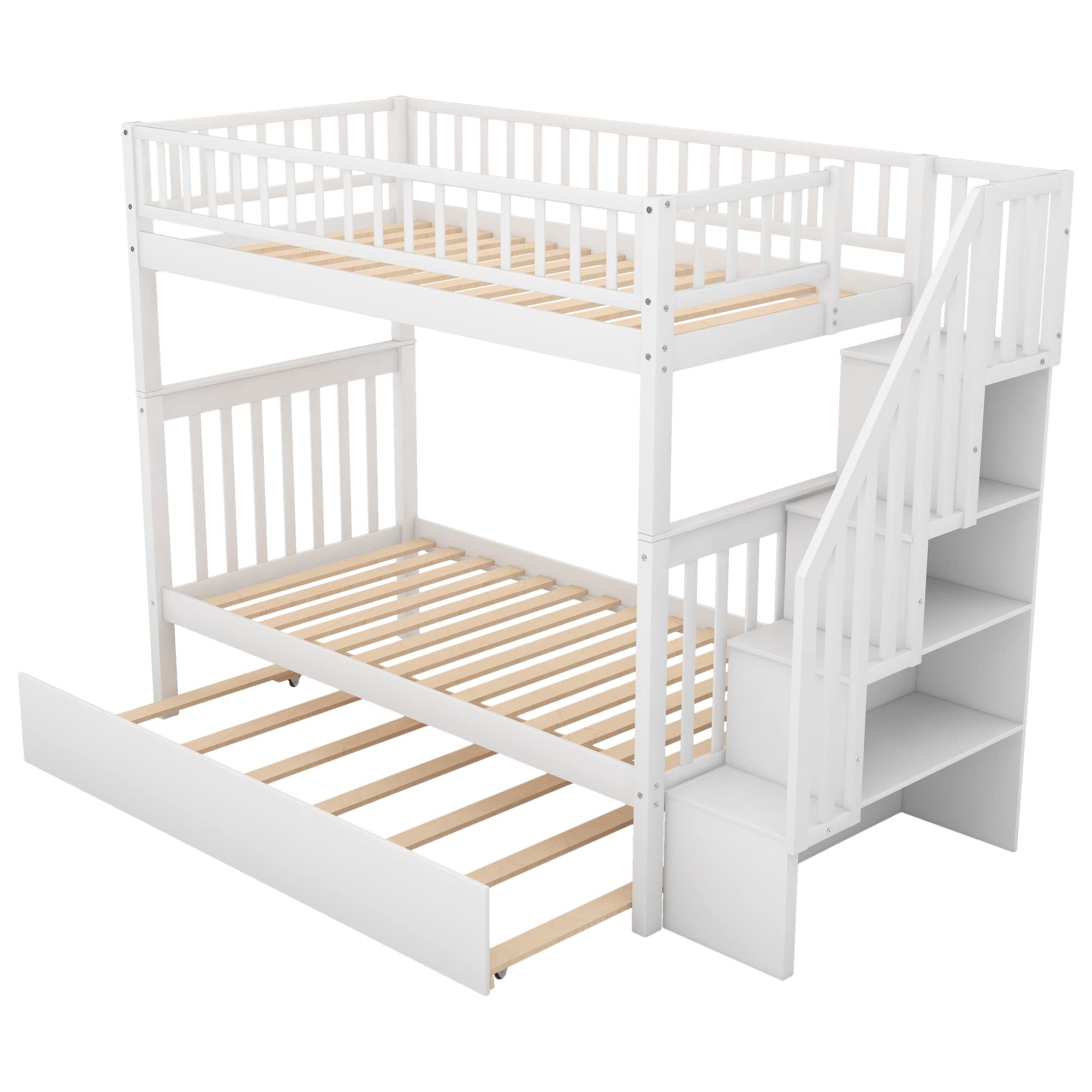 Harper & Bright Designs Bunk Beds Twin Over Twin Size, Solid Wood Bunk Beds with Trundle and Stairs for Kids,Teens,Adults (White, Bunk Bed with Trundle)