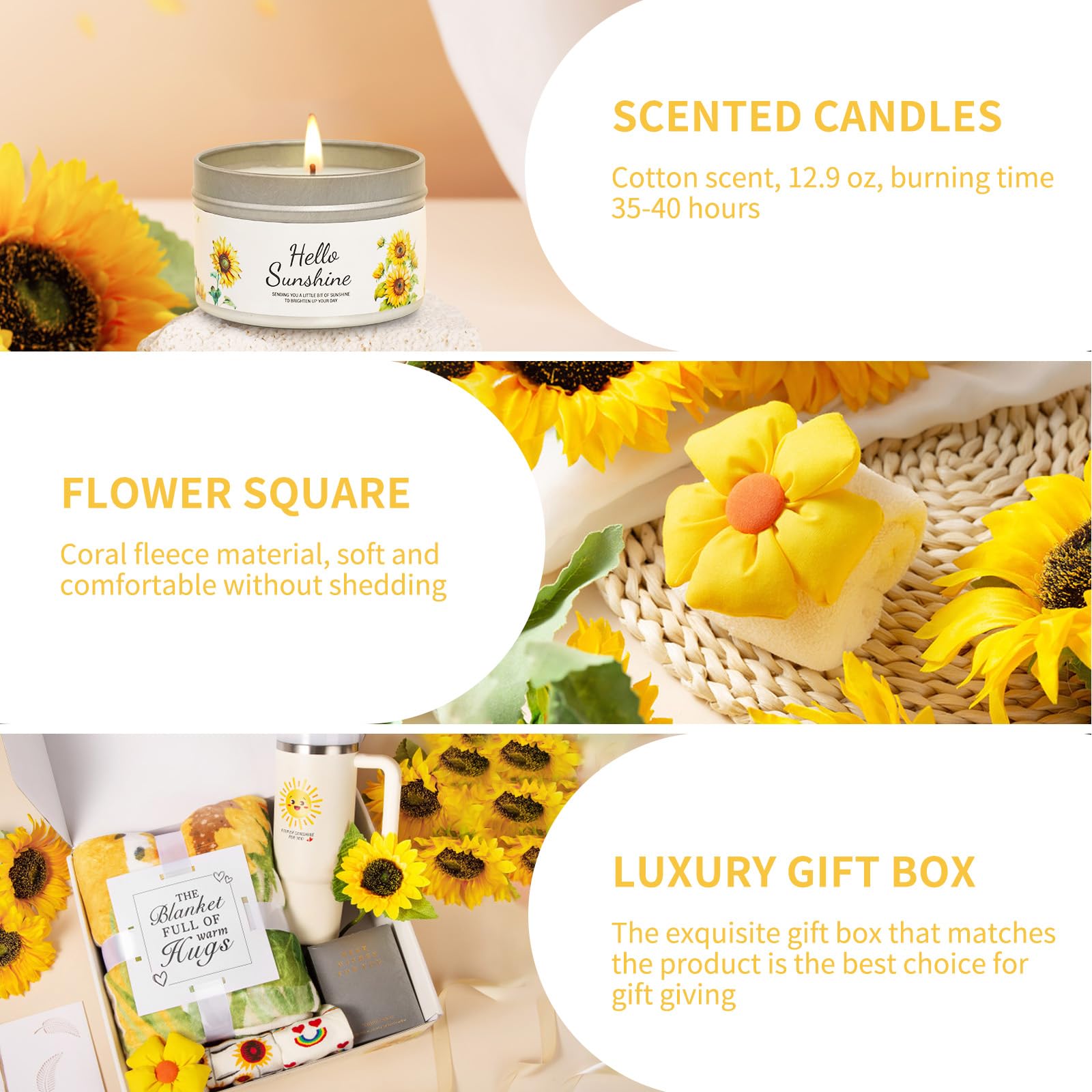 Sending Sunshine Gift, Get Well Soon Gifts Basket for Women,8Pcs Sunflower Gifts Box, Unique Holiday Gifts Basket with Inspirational Blanket Candle for Women, Her, Mom, Wife, Sister,Teacher