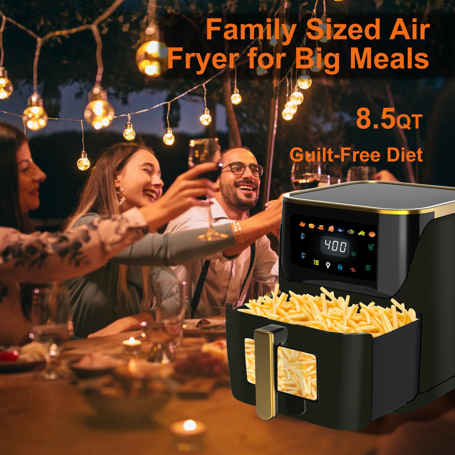 Vaparinckl Air Fryer, 8.5Qt Large Family Size, 8-in-1 Function Digital Touch Screen, Easy Viewing Windows, 1750W Fast Air Frying up to 400℉, Auto Shut Off, Nonstick and Dishwasher-Safe Basket