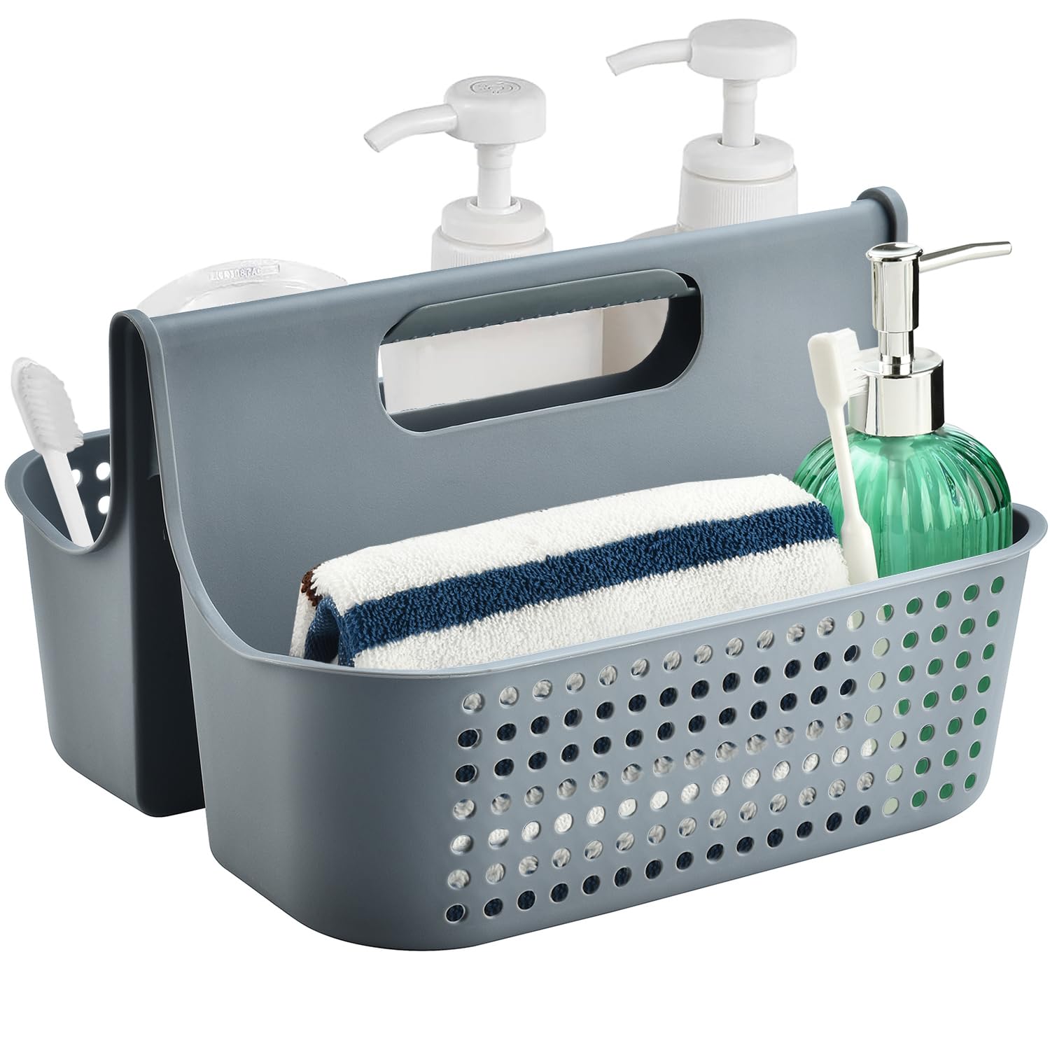 Haundry Portable Shower Caddy Basket, 2 Compartments Plastic Cleaning Caddy Organizer, Large Storage Tote with Handle for Bathroom, College, Dorm Room Essentials (Grey)