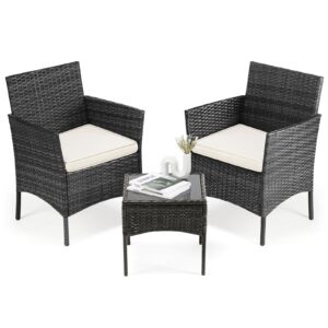 sweetcripy patio furniture set 3 pieces, outdoor furniture with soft cushion and glass table, all weather manual weaving wicker rattan patio chairs for garden, terrace, porch(black and beige)