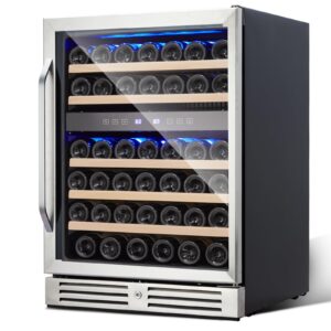 upgraded 24 inch wine cooler refrigerator, 46 bottle dual zone wine fridge, built in or freestanding wine cooler with stainless steel, low noise, glass door, safety lock, temperature memory function