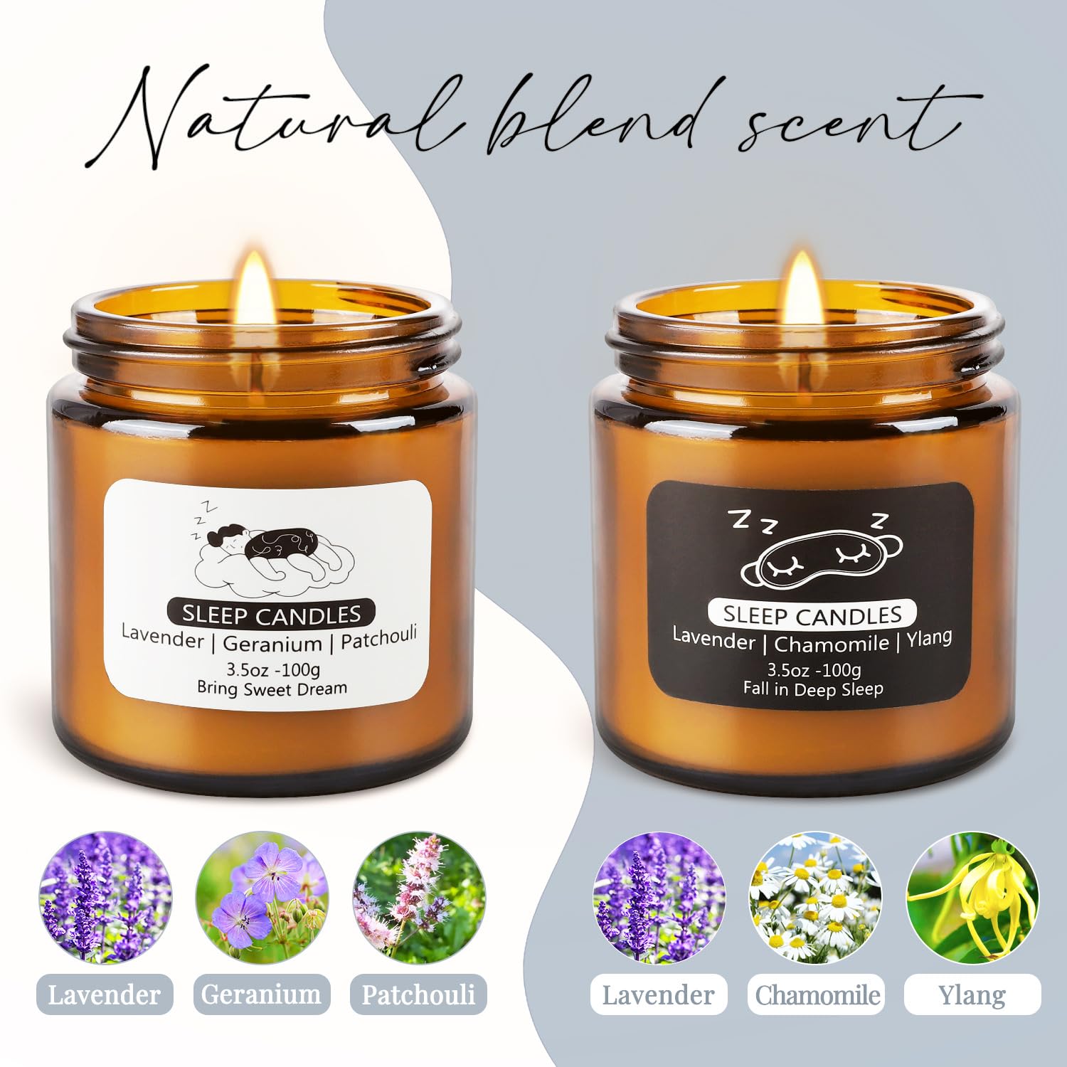 2 Pack Sleep Scented Candles, Sweet Dream with Lavender, Geranium and Patchouli, and Deep Sleep with Lavender, Chamomile and ylang-ylang Scented Candle, Long Burn Time, Perfect Home Gifts