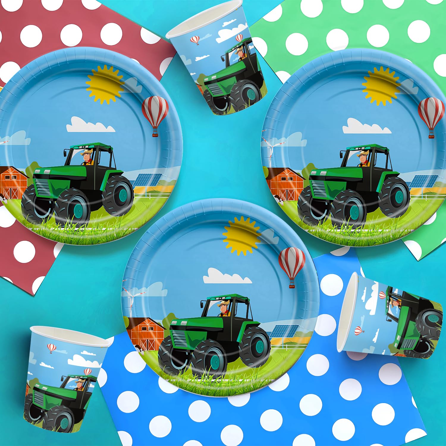 Owelleny Tractor Birthday Party Supplies - Farm Tractor Party Decorations Tableware, Paper Plates, Napkin, Cup, Disposable Cutlery, Green Tractor Birthday Baby Shower Table Decorations | Server 24