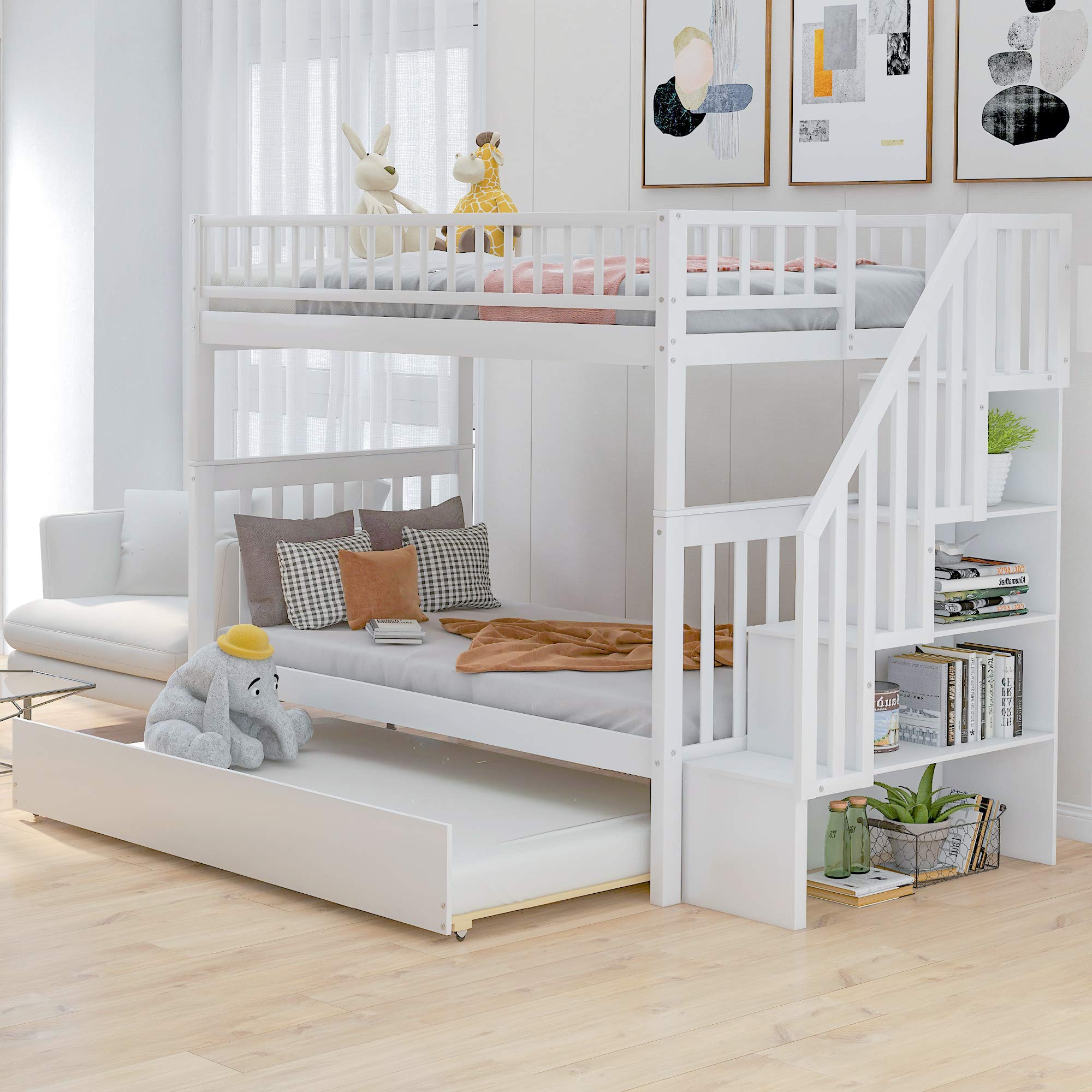 Harper & Bright Designs Bunk Beds Twin Over Twin Size, Solid Wood Bunk Beds with Trundle and Stairs for Kids,Teens,Adults (White, Bunk Bed with Trundle)