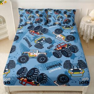 ailonen truck fitted sheet set for boys,graffiti blue monster truck bedding set twin size for kids boys teens for bedroom decor,1 fitted sheet and 2 pillowcases,3 pieces