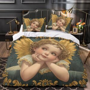 SorEci Cherubs 3pcs 3D Bedding Set Golden Wings Duvet Cover Set Bed Printed Quilt Cover Bed Linens with 2 Pillowcases with Zipper All Season Queen（228x228cm）, Style-3