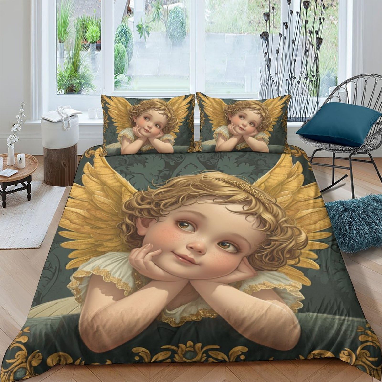 SorEci Cherubs 3pcs 3D Bedding Set Golden Wings Duvet Cover Set Bed Printed Quilt Cover Bed Linens with 2 Pillowcases with Zipper All Season Queen（228x228cm）, Style-3