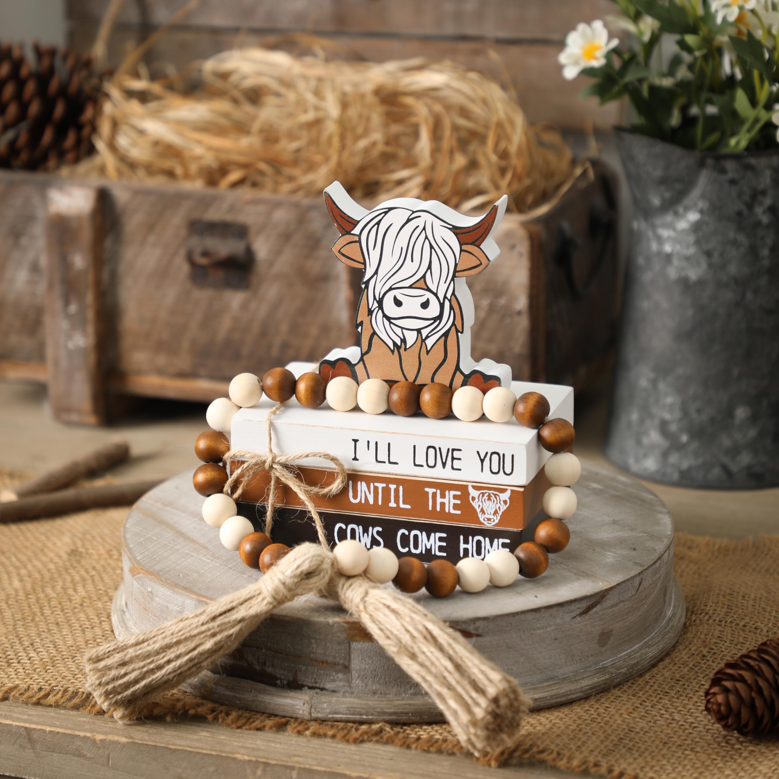 5PCS Highland Cow Decor, Farmhouse Tiered Tray Decor, Wooden Book Stacks Rustic Table Centerpiece for Home Room Mantle Fireplace Shelf