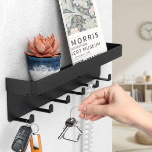 SZUGCOTD Key Holder for Wall Rustic Key and Mail Organizer 6 Key Hooks with Shelf Small Key Rack with Tray Adhesive Key Hanger Wall Mount for Entryway Hallway Living Room Decor, Metal, Matte Black