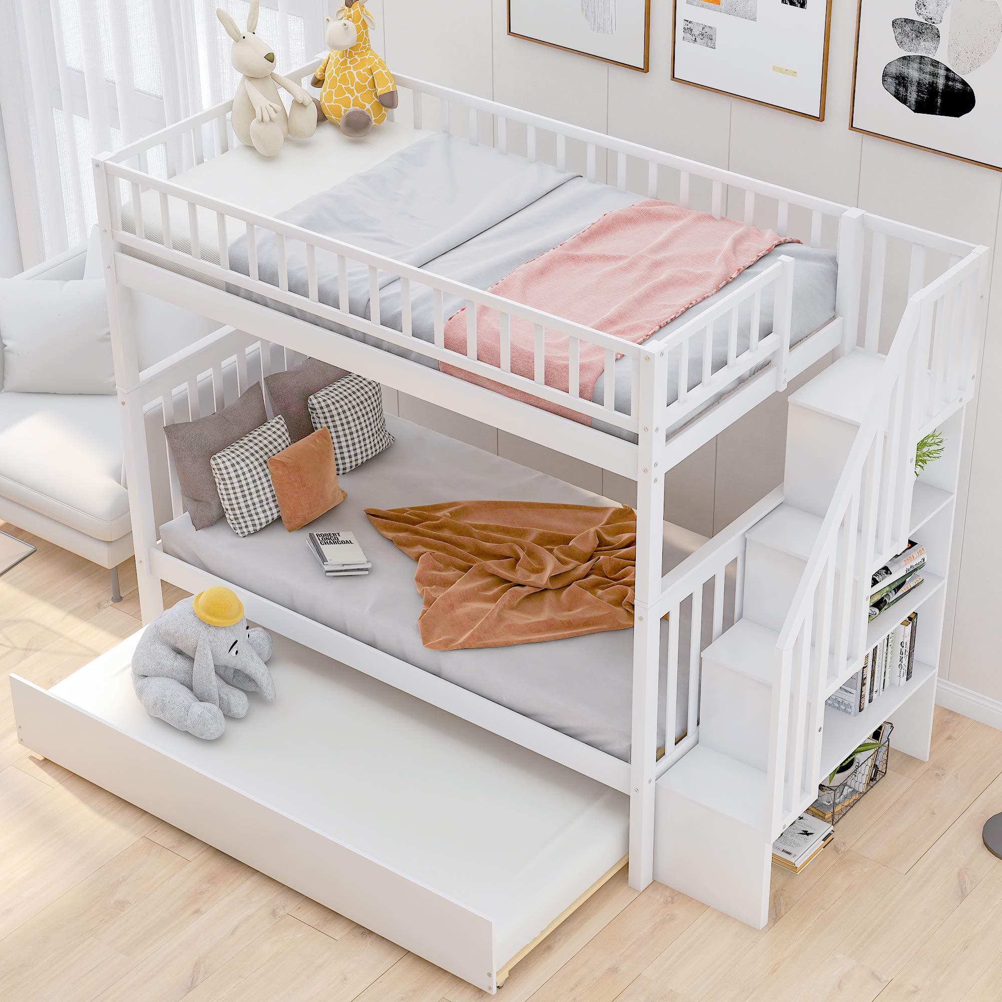 Harper & Bright Designs Bunk Beds Twin Over Twin Size, Solid Wood Bunk Beds with Trundle and Stairs for Kids,Teens,Adults (White, Bunk Bed with Trundle)