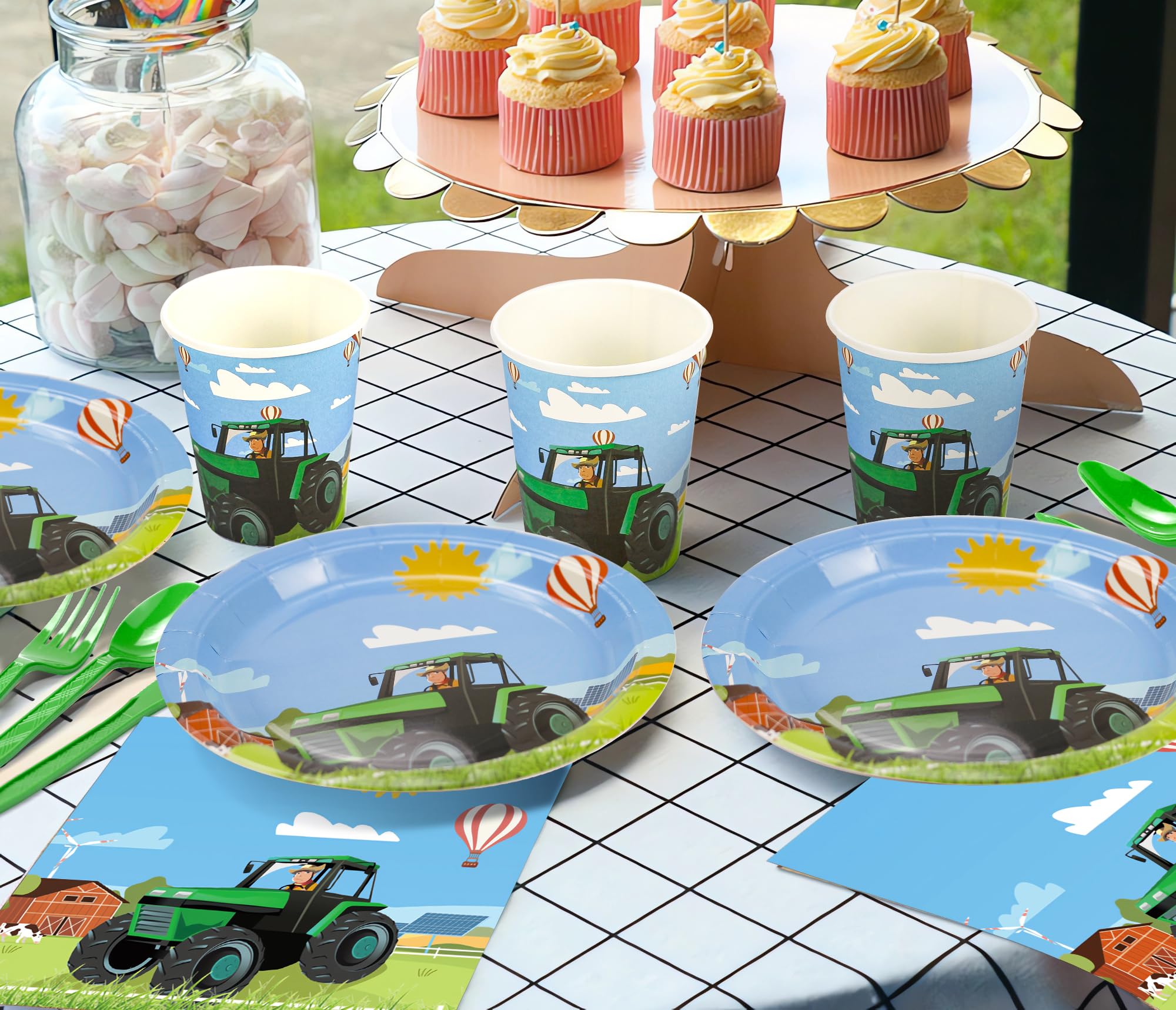 Owelleny Tractor Birthday Party Supplies - Farm Tractor Party Decorations Tableware, Paper Plates, Napkin, Cup, Disposable Cutlery, Green Tractor Birthday Baby Shower Table Decorations | Server 24