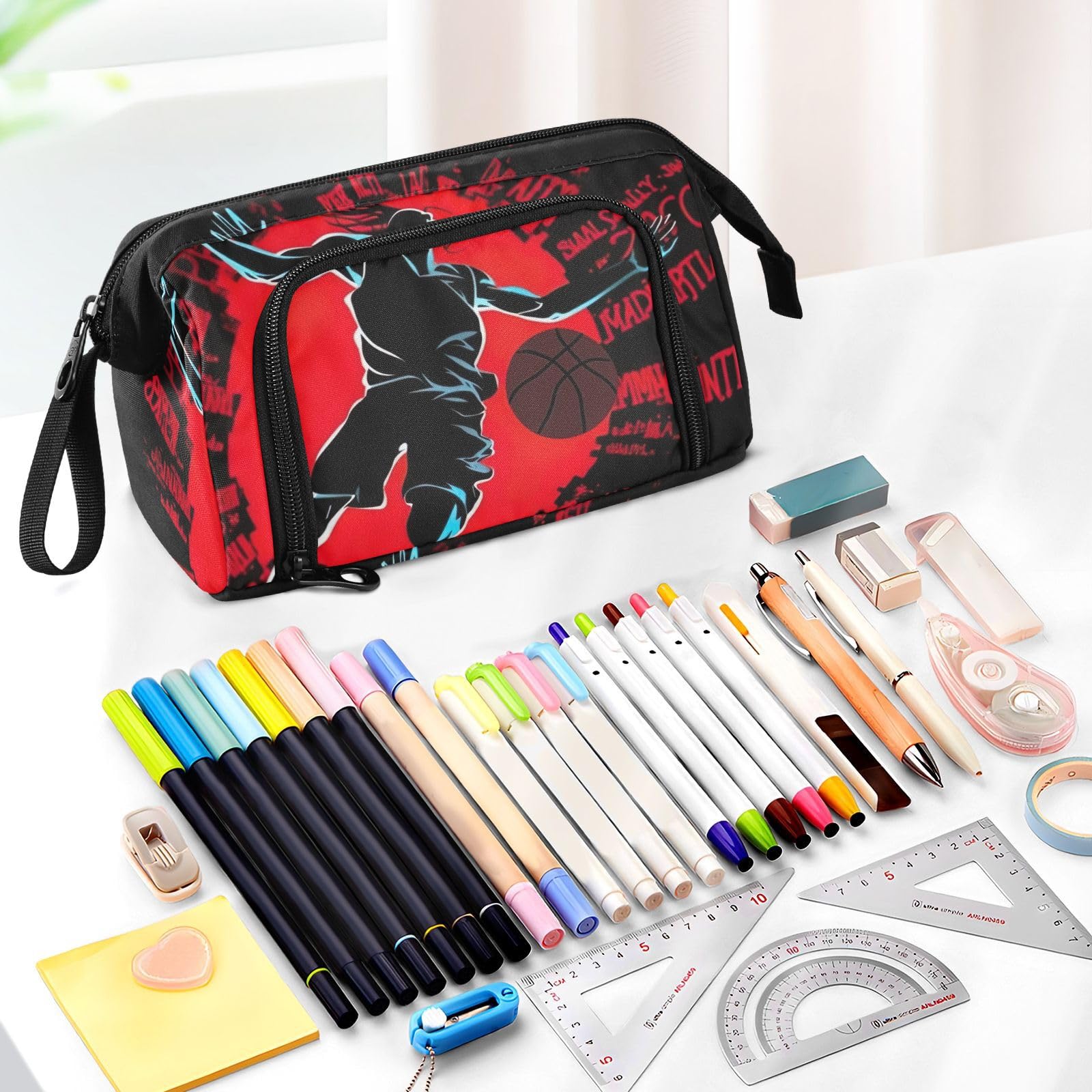 Generic Basketball Players Red Large Pencil Case Pouch Pen Case for Girls Boys Adults Big Capacity Portable Pen Case Bag with Zipper Pencil Cases Pouches for Study Middle School Office College Desk