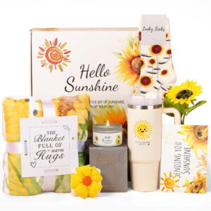 sending sunshine gift, get well soon gifts basket for women,8pcs sunflower gifts box, unique holiday gifts basket with inspirational blanket candle for women, her, mom, wife, sister,teacher