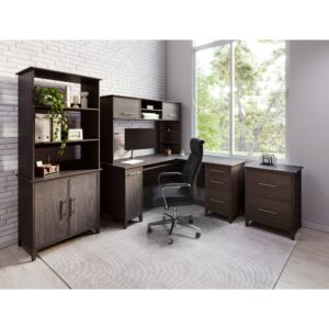 Realspace® Koru 60"W L-Shaped Corner Computer Desk With Integrated Power & Charging, Espresso Oak