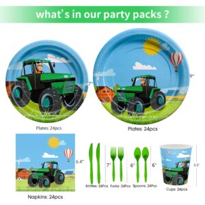 Owelleny Tractor Birthday Party Supplies - Farm Tractor Party Decorations Tableware, Paper Plates, Napkin, Cup, Disposable Cutlery, Green Tractor Birthday Baby Shower Table Decorations | Server 24