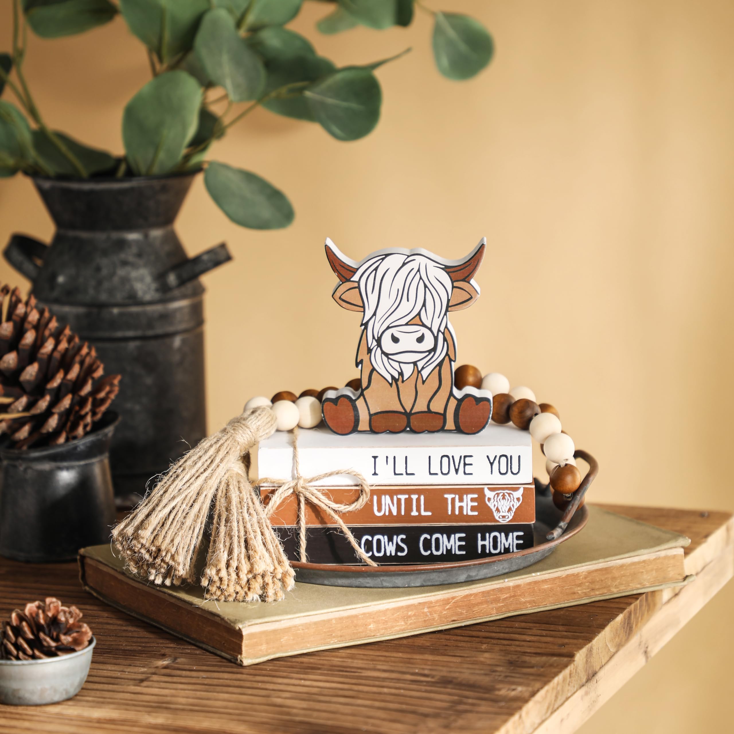 5PCS Highland Cow Decor, Farmhouse Tiered Tray Decor, Wooden Book Stacks Rustic Table Centerpiece for Home Room Mantle Fireplace Shelf