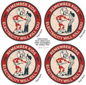 ag 4 pcs remember kids electricity will kill you decal hard hat stickers reddy kilowatt funny electrician mechanic stickers, 3 inch, electricity kills sticker