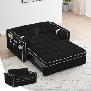 suheww black pull out couch bed, 3 in 1 convertible sofa bed with adjustable backrest, pull out sofa couch with phone holder and pockets, futon loveseat velvet chaise lounge for living room