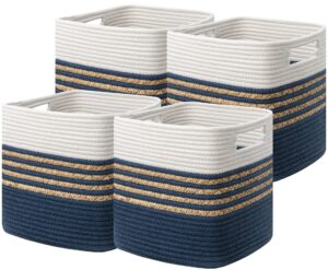 ubbcare set of 4 storage cubes 11 x 10.5 x 10.5 in, water hyacinth storage bins for shelves, toys, book, storage baskets with handles, cotton rope woven baskets for organizing, blue