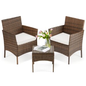 dumos patio furniture set 3 pieces, outdoor wicker furniture with coffee table, modern rattan patio chairs conversation sets with sofa for garden, terrace, porch, balconies, lawns(brown and beige)