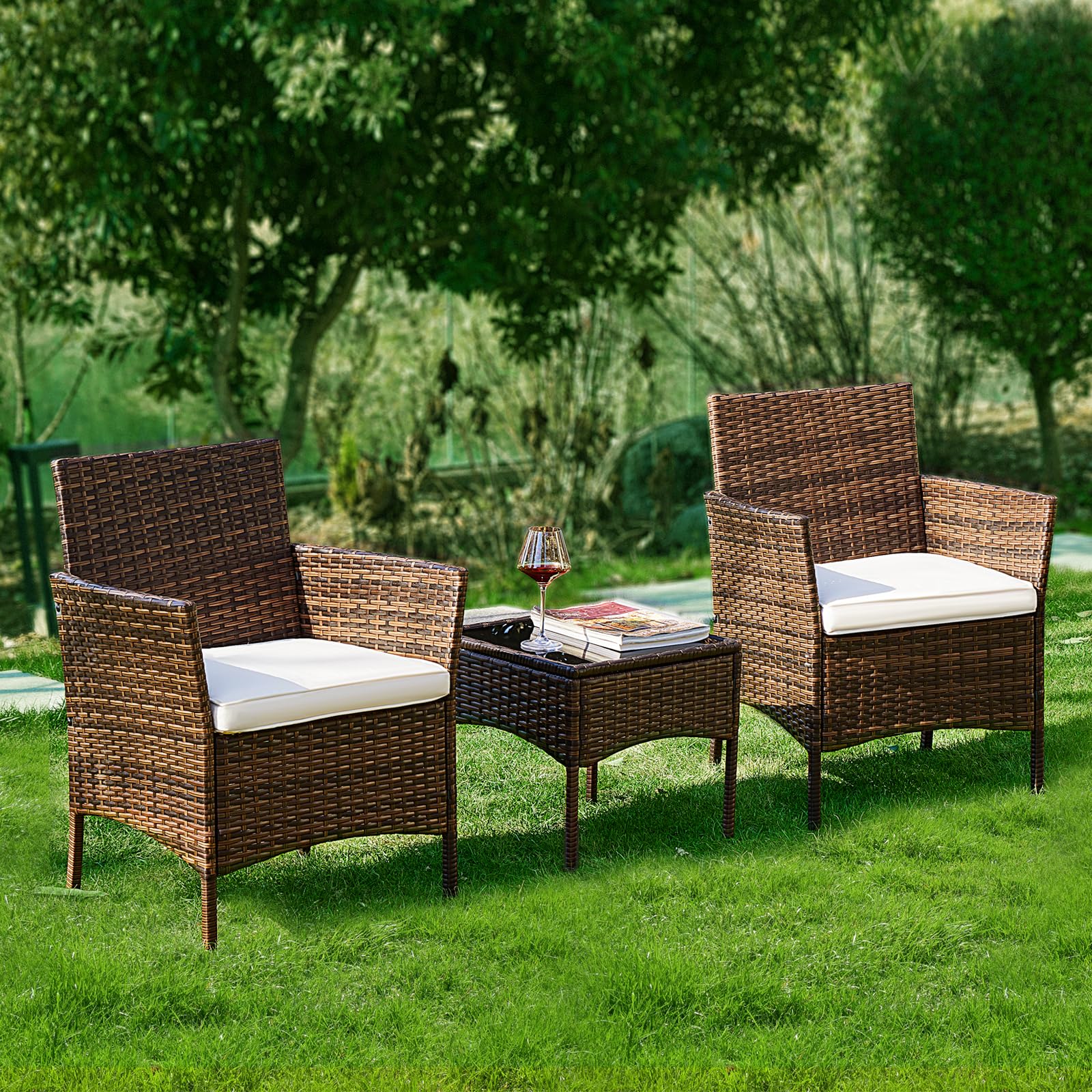 DUMOS Patio Furniture Set 3 Pieces, Outdoor Wicker Furniture with Coffee Table, Modern Rattan Patio Chairs Conversation Sets with Sofa for Garden, Terrace, Porch, Balconies, Lawns(Brown and Beige)