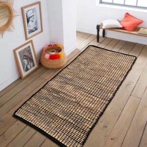 chardin home jute rugs collection- 2x5 feet jute braids rug, boho, rustic, natural jute/black, hand woven long runner rug for bedroom, living room, kitchen and entryways