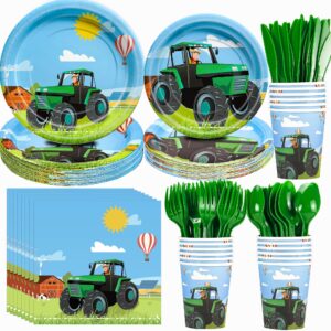 owelleny tractor birthday party supplies - farm tractor party decorations tableware, paper plates, napkin, cup, disposable cutlery, green tractor birthday baby shower table decorations | server 24