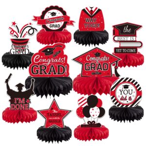 10pcs graduation decorations class of 2025 centerpieces, congrats grad honeycomb table toppers for graduation party favors, 2024 graduation party decorations (10pcs, red & black)