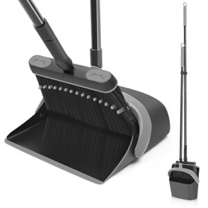 jehonn broom and dust pan, 54.3 inches long handle swivel brush, upright foldable dustpan with comb teeth for home kitchen lobby indoor floor cleaning (black & gray)