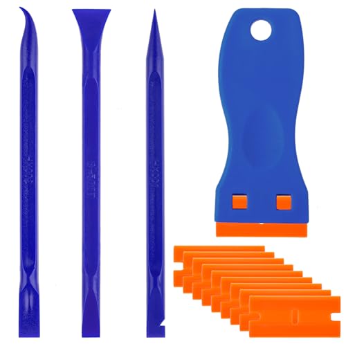 Plastic Scraper Portable Cleaning Scraper Replacement Window Scraper Scraper Tool with 10 Pcs Scraper Blades and 3 Pcs Double-Head Non Scratch Scraper for Sticker Labels Decals Cleaning