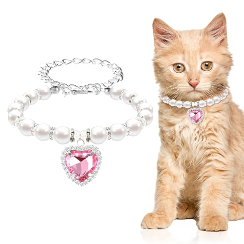 Pearl Cat Collar, Cute Rhinestone Puppy Collar Shine Small Cat Necklaces Pet Collar with Bling Accessories for Kitten Small Dogs Wedding Birthday Party(S,Pink)