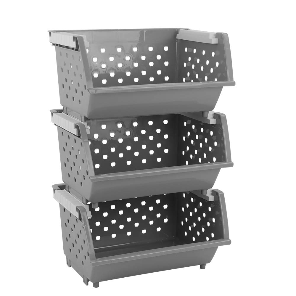 Ggbin 3 Tier Stackable Storage Baskets, Plastic Stacking Open Front Storage Bin, Grey