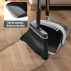 JEHONN Broom and Dust Pan, 54.3 inches Long Handle Swivel Brush, Upright Foldable Dustpan with Comb Teeth for Home Kitchen Lobby Indoor Floor Cleaning (Black & Gray)