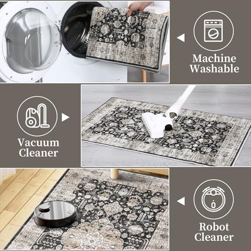 GlowSol Washable Rugs 2x6 Runner Rug Vintage Oriental Area Rugs for Bedroom Aesthetic Entryway Rug Black Rug Throw Rugs with Rubber Backing Distressed Carpet Kitchen Rugs Black 2'x6'