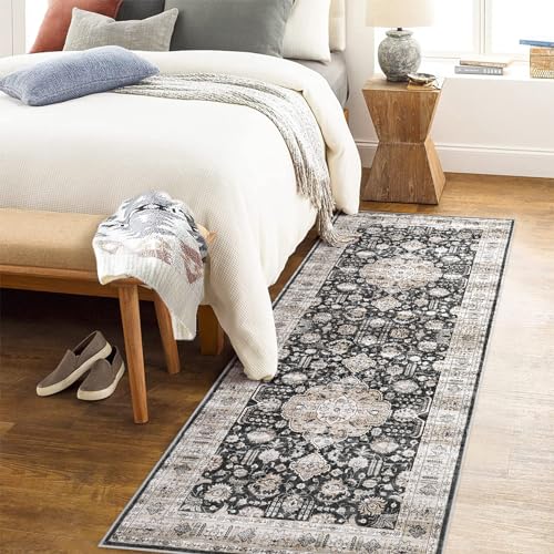 GlowSol Washable Rugs 2x6 Runner Rug Vintage Oriental Area Rugs for Bedroom Aesthetic Entryway Rug Black Rug Throw Rugs with Rubber Backing Distressed Carpet Kitchen Rugs Black 2'x6'