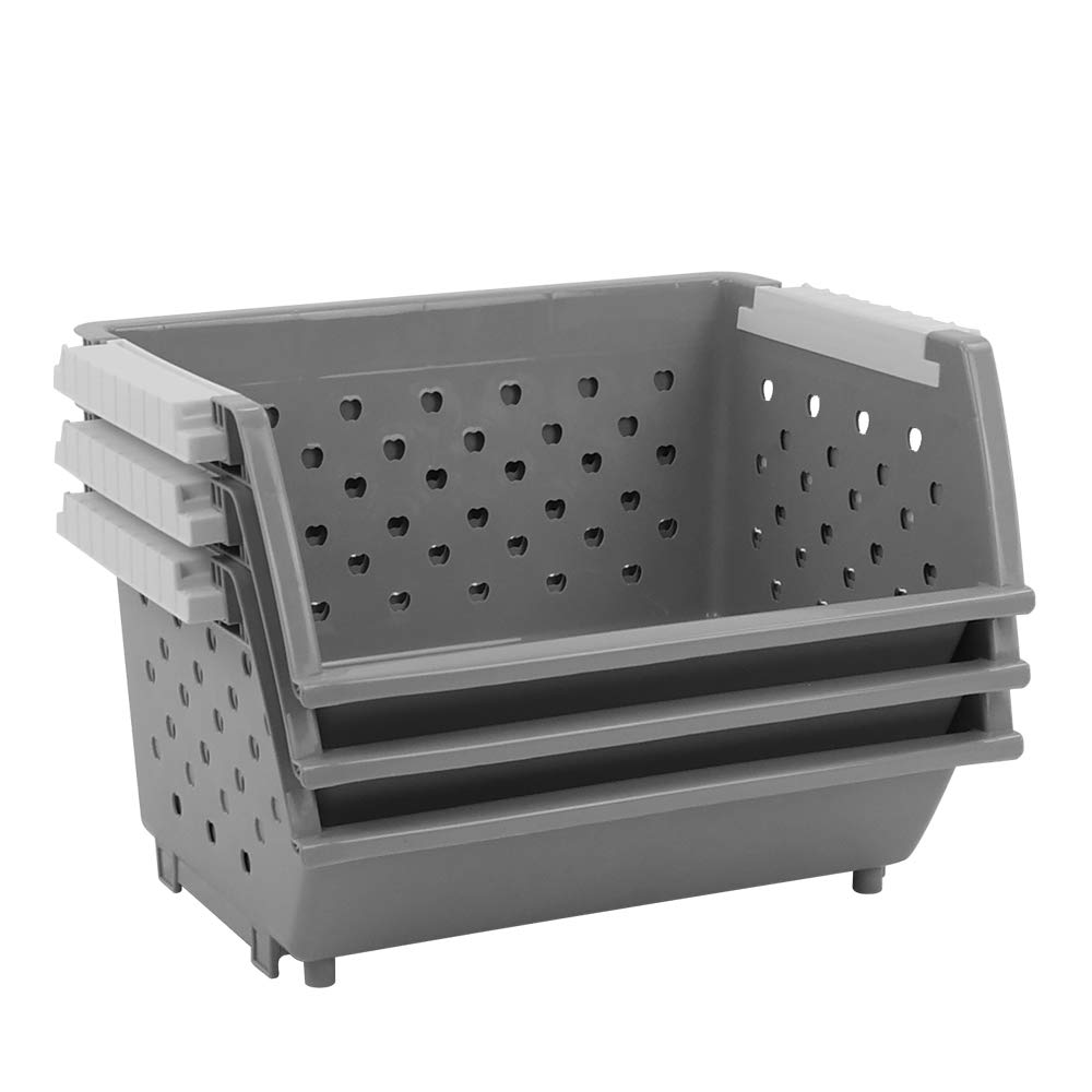 Ggbin 3 Tier Stackable Storage Baskets, Plastic Stacking Open Front Storage Bin, Grey