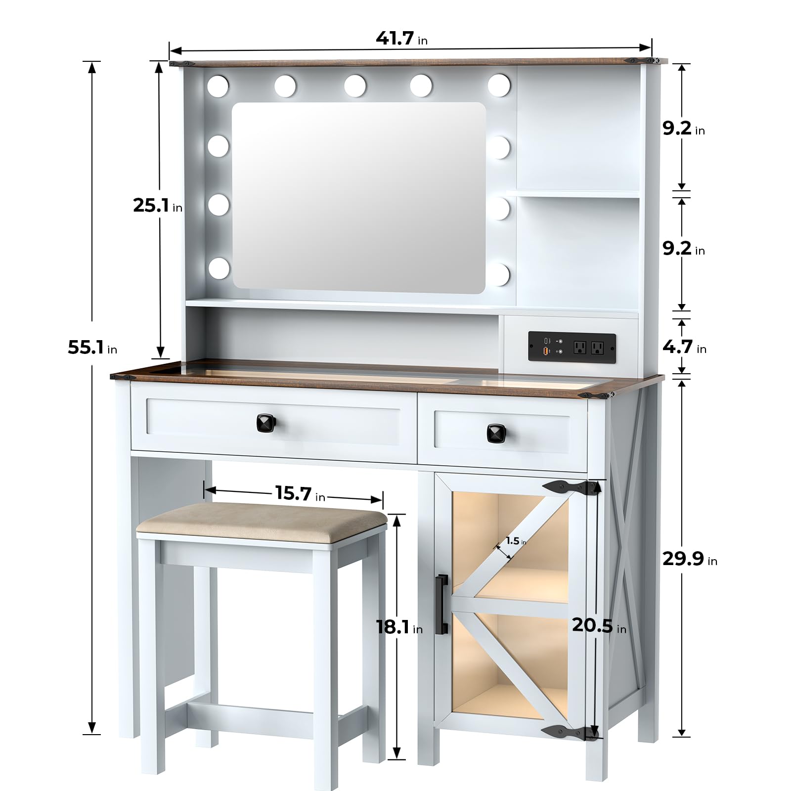 MIIFUNY Farmhouse Makeup Vanity Desk with Mirror and Lights, 42" Glass Top Vanity with Charging Station, Rustic Vanity Table Set with 2 Drawers & Shelves & Cabinet, Dressing Table for Bedroom, White